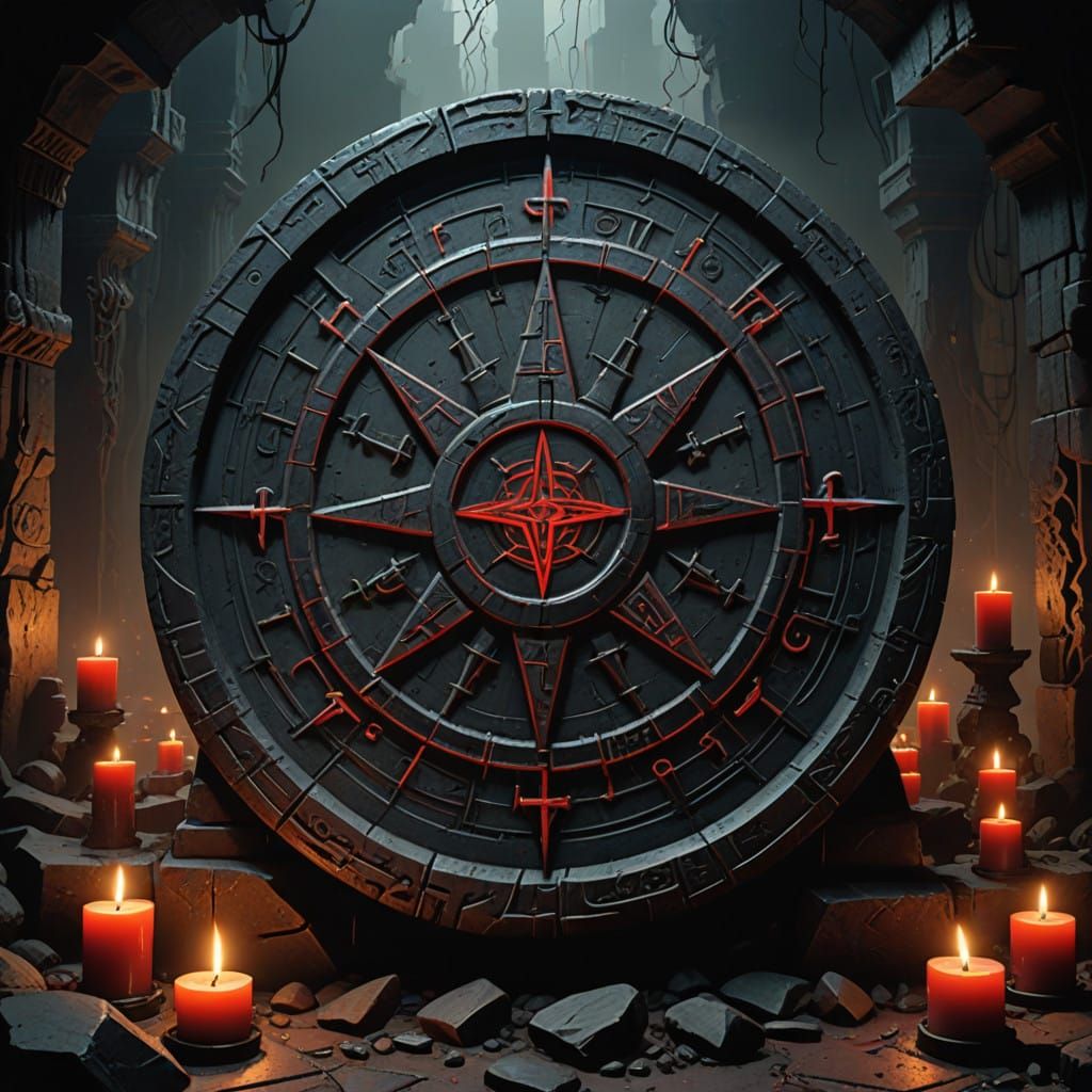 Ancient Demonic Runes on Black Obsidian Altar in E... - AI Art