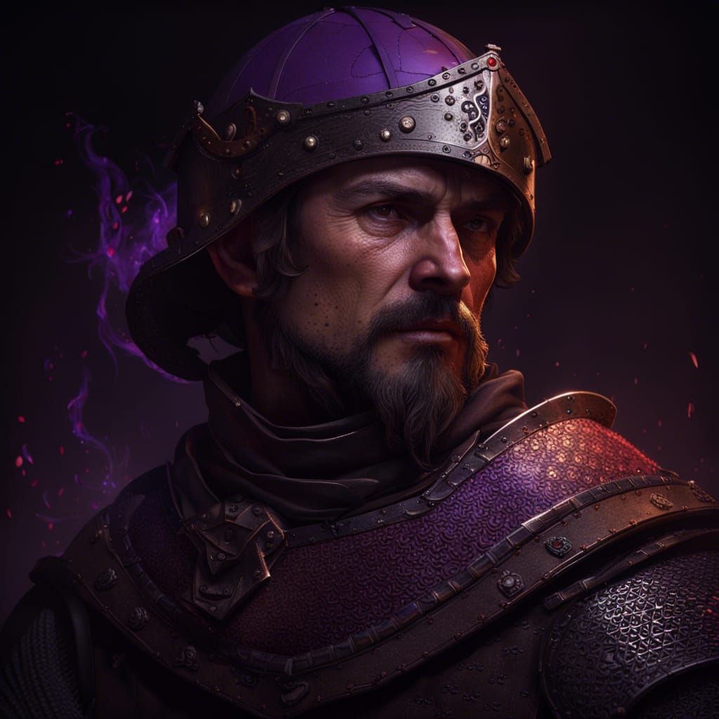 Man with goatee, kettle helmet, medieval chainmail, blood on chin ...