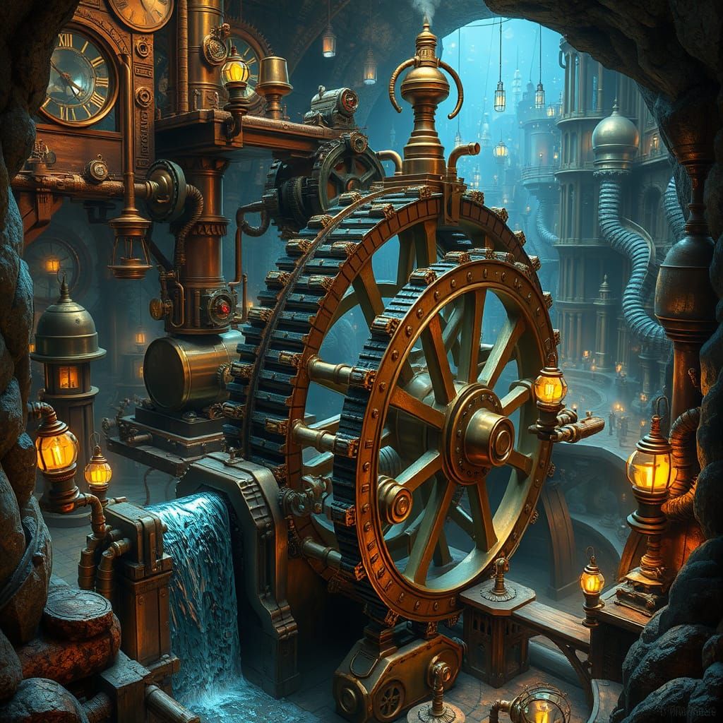 Steampunk Waterwheel Powers Hidden Underground Cit... - AI Art