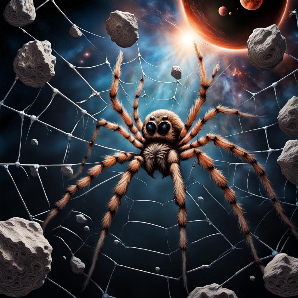 A GIANT SPIDER” SITTING IN A WEB THAT IS SPUN BETWEEN A GROUP ASTEROIDS ...
