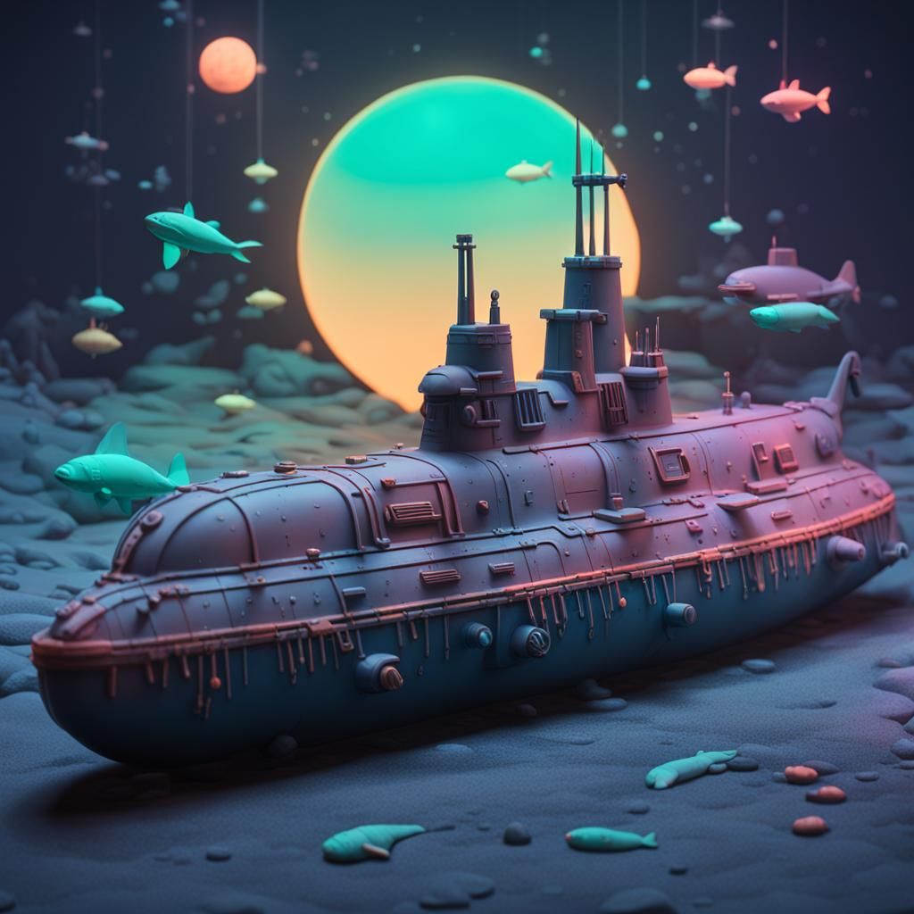 Submarine, noctilucent, muted colours, Memphis design, resin cast ...