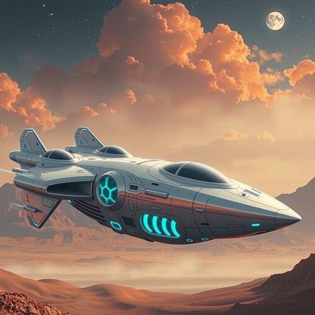 A futuristic alien spaceship, with metallic iridescent hull and pulsing ...
