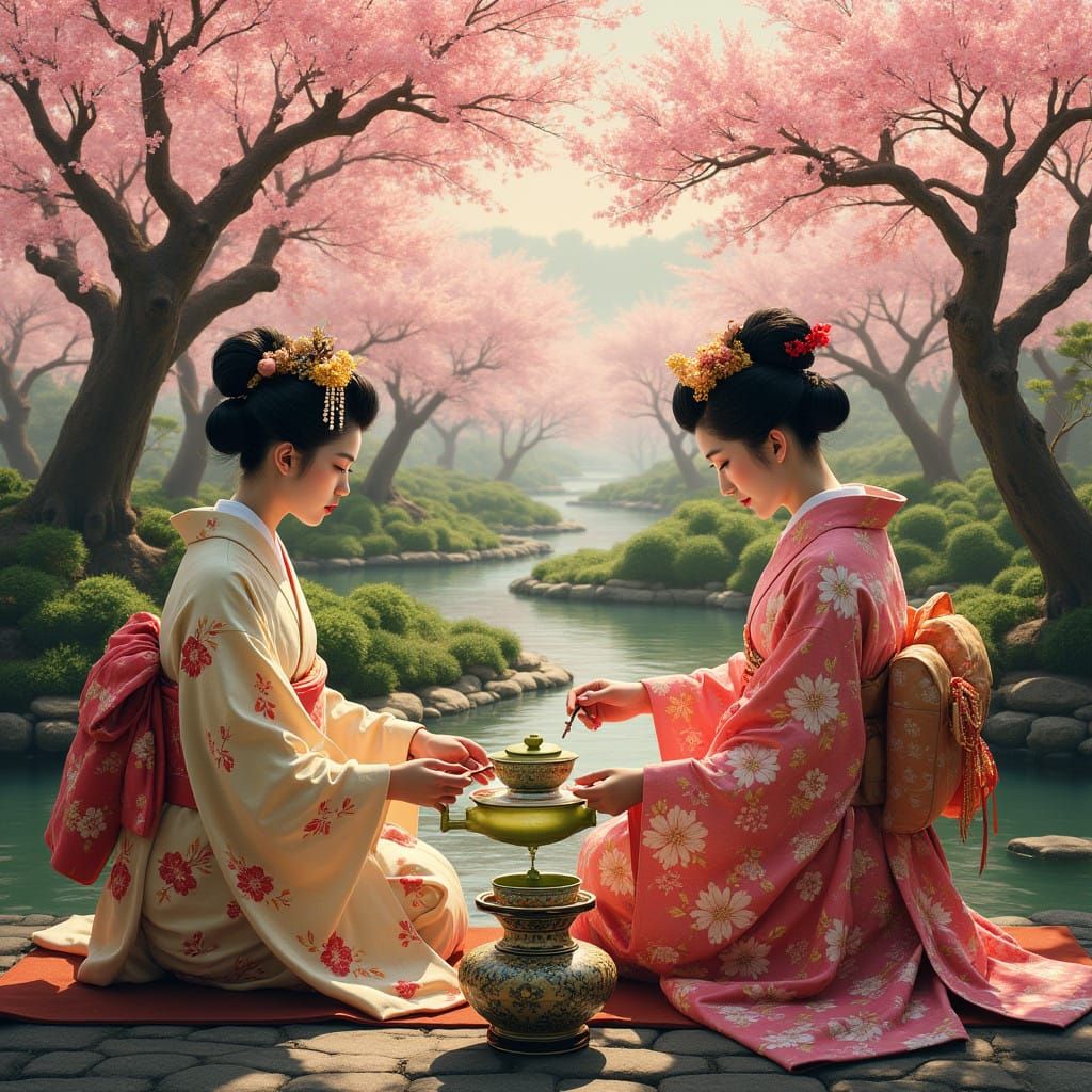 Traditional Japanese Geisha Tea Ceremony in 16th C... - AI Art