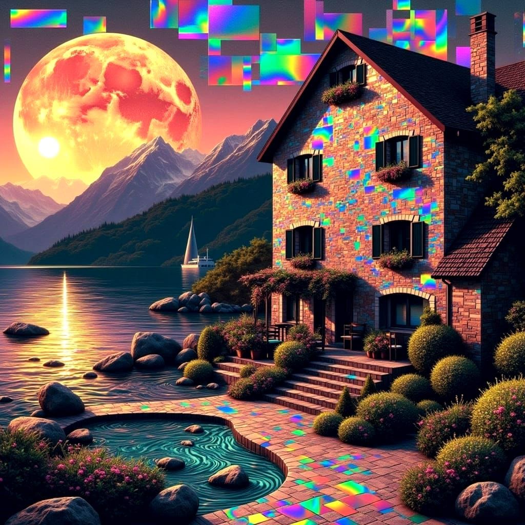 Surreal Lake Como Villa Under Iridescent Sunset - AI Art