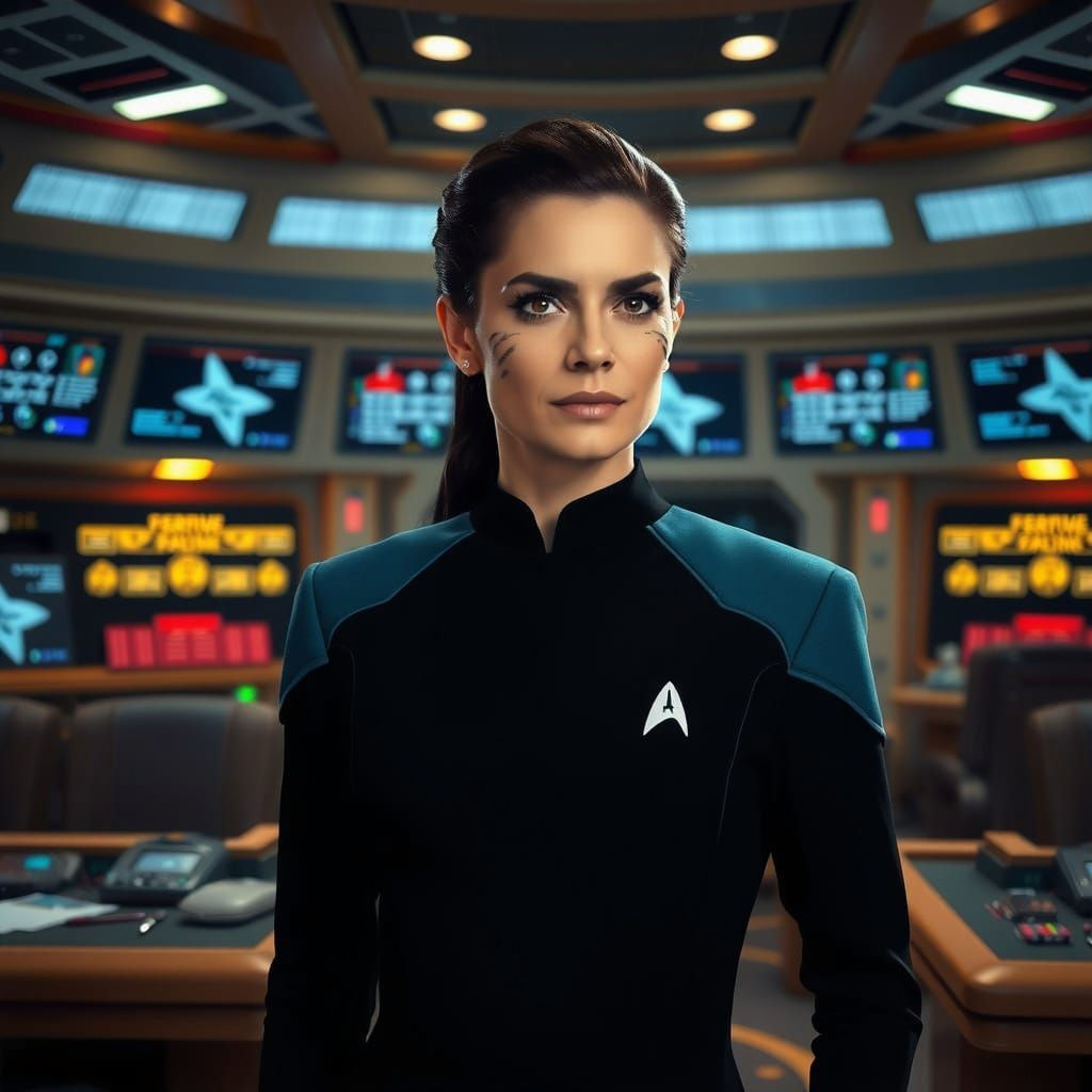 Terry Farrell as Lt Jadzia Dax in command and control center of Deep ...