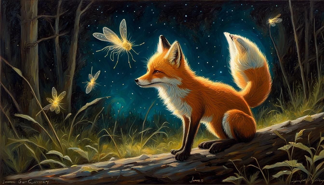 The fireflies showed little cute fluffy fox how they shared moments of ...