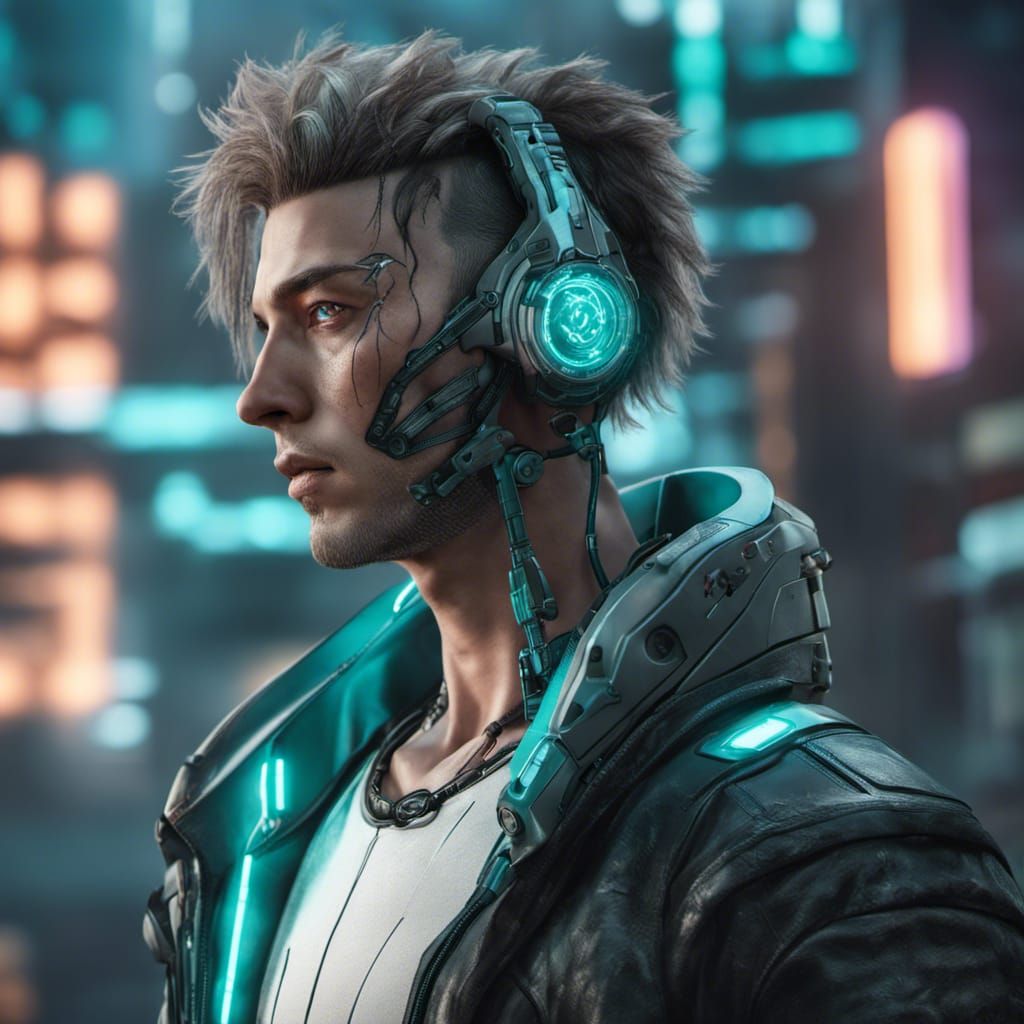 Cyberpunk, Male android, two-tone hair, LED lines, Teal Eyes, head and ...