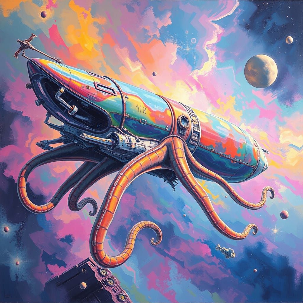 Through Space - Cosmic Vessel in Hypersaturated Oil Painting