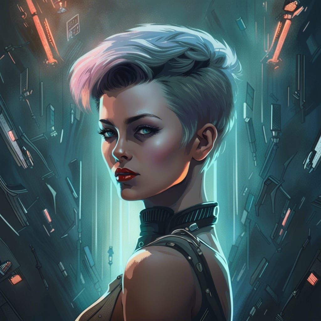 futuristic, cyberpunk beautiful female with short spiiky hair in a 50's ...