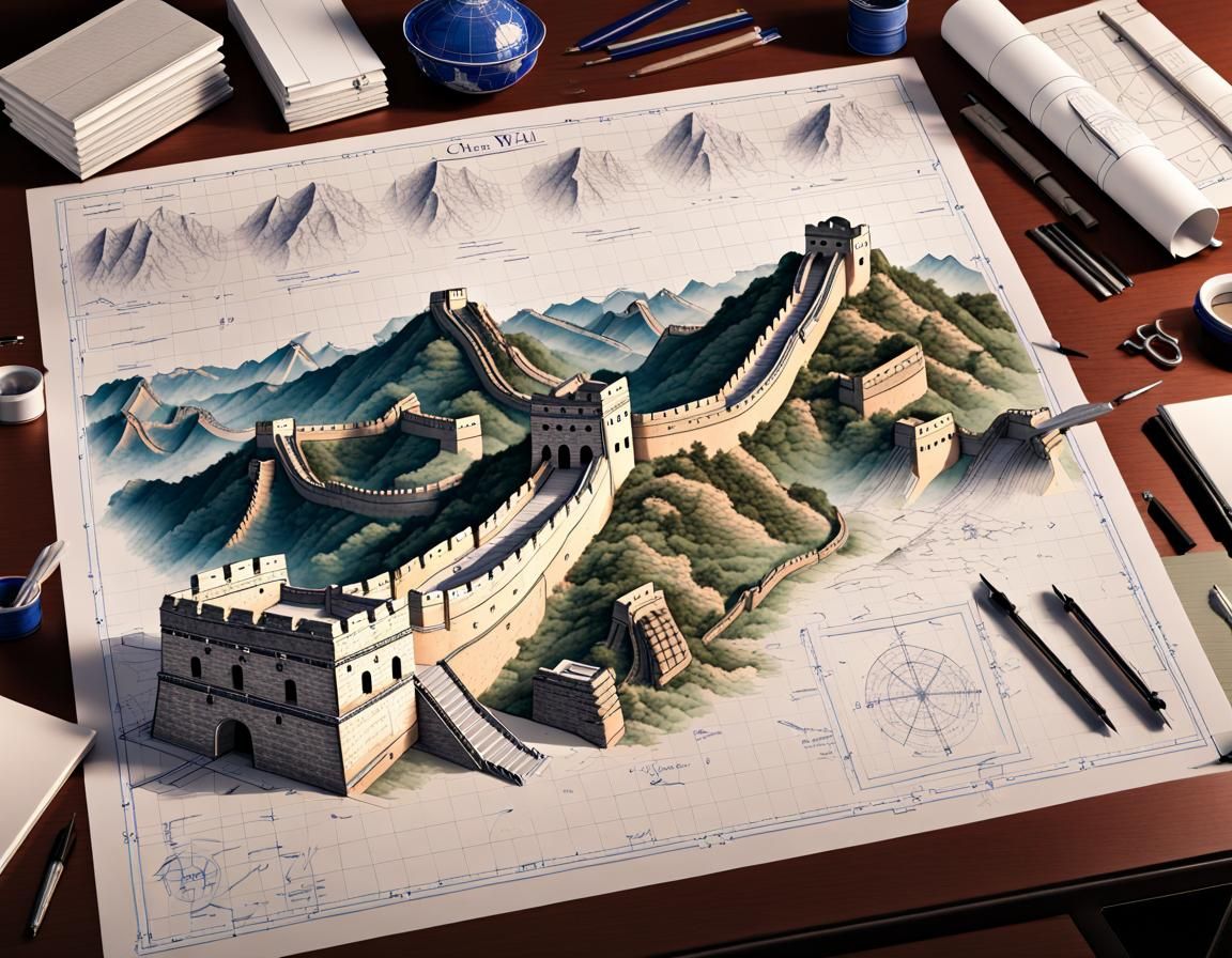 Annotated detailed blueprint of The Great Wall of China, drawn on an a4 ...