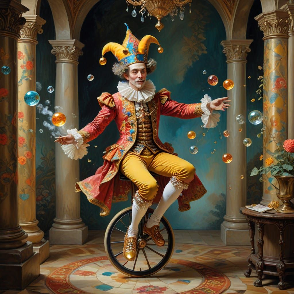 A court jester juggling balls while balancing on a unicycle in front of ...