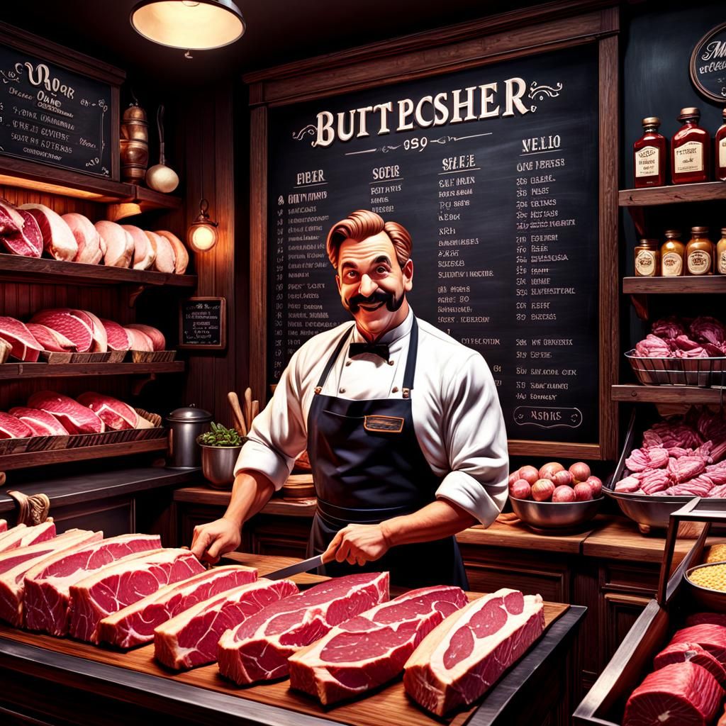 old fashioned butcher shop with a happy butcher behind the counter - AI ...