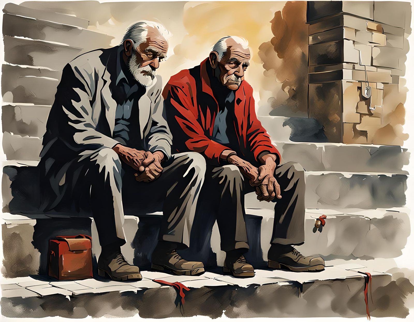 worn old man is sitting next to the devil on a set of concrete steps ...