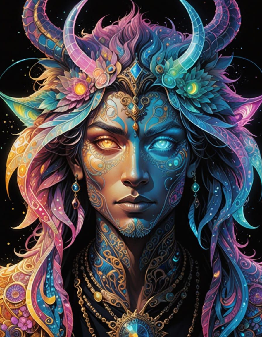 Gentle Fantasy Canid Hybrid in Neon Pointillism - AI Art