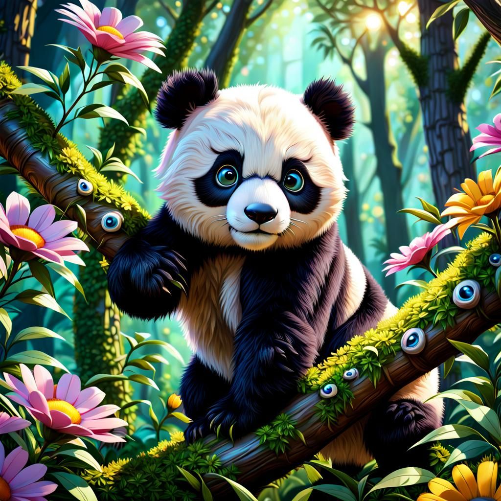 Disney Pixar silk panda bear wrapped around a flower covered tree ...
