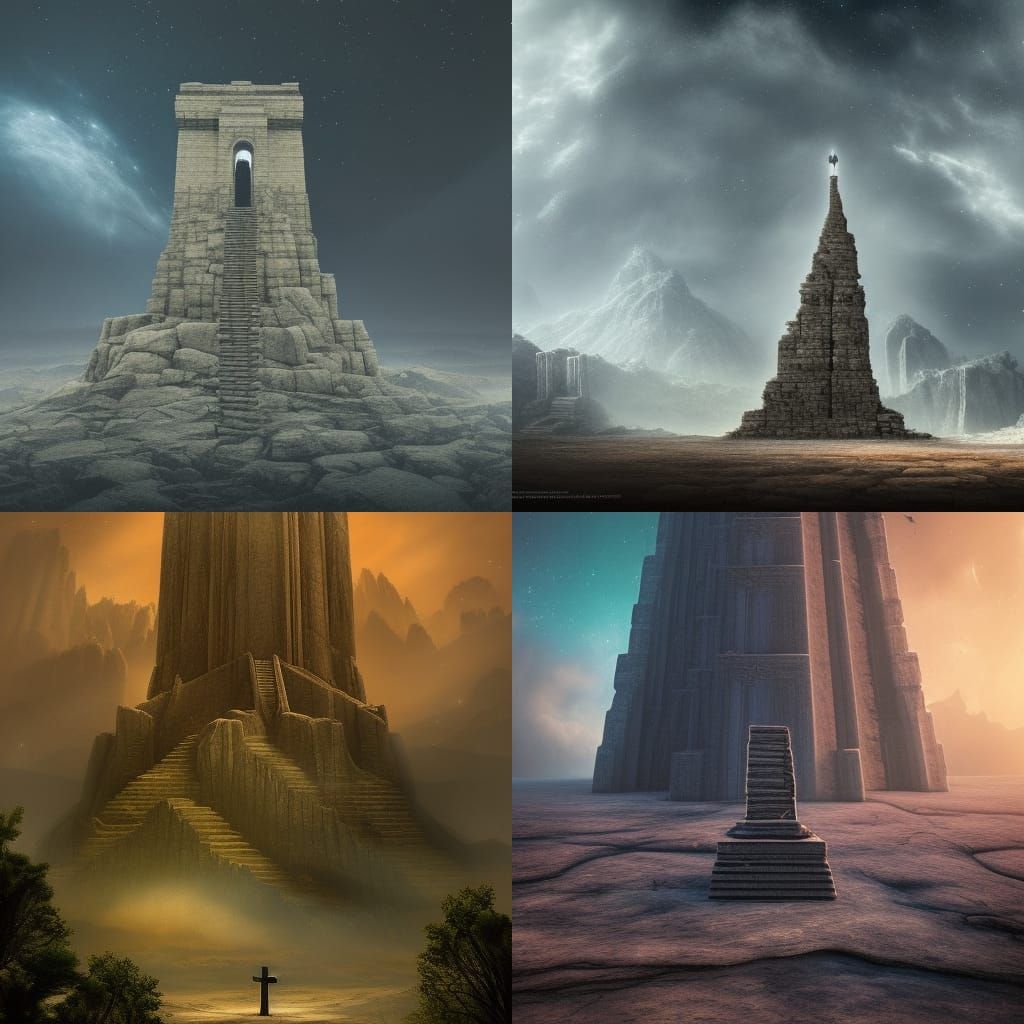 a monolithic stone edifice standing alone in a vast waste with many ...