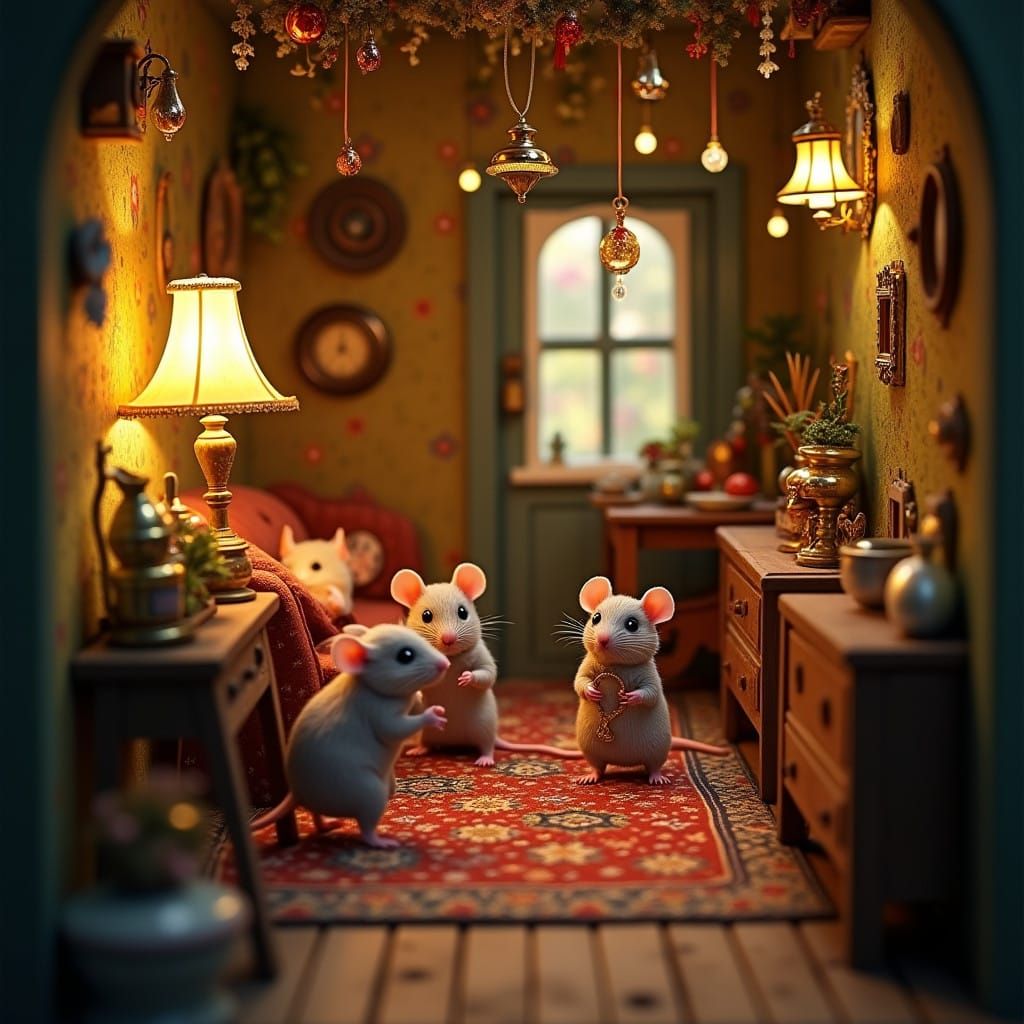 Mice Celebrate New Year in Whimsical Dollhouse Abo... - AI Art
