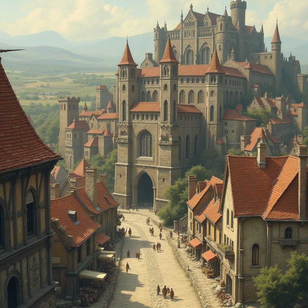 Medieval City Map with Cathedral and Marketplace - AI Art