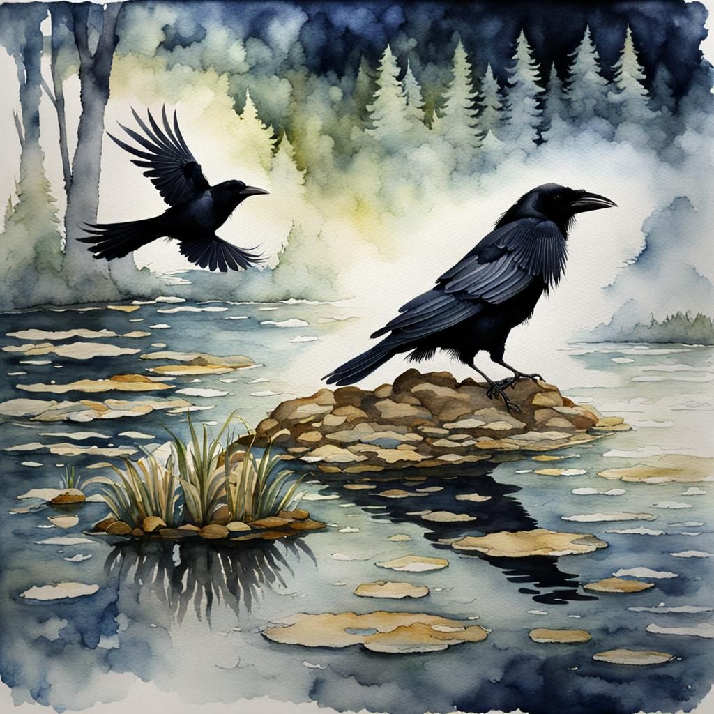 Crows at the lake - AI Generated Artwork - NightCafe Creator