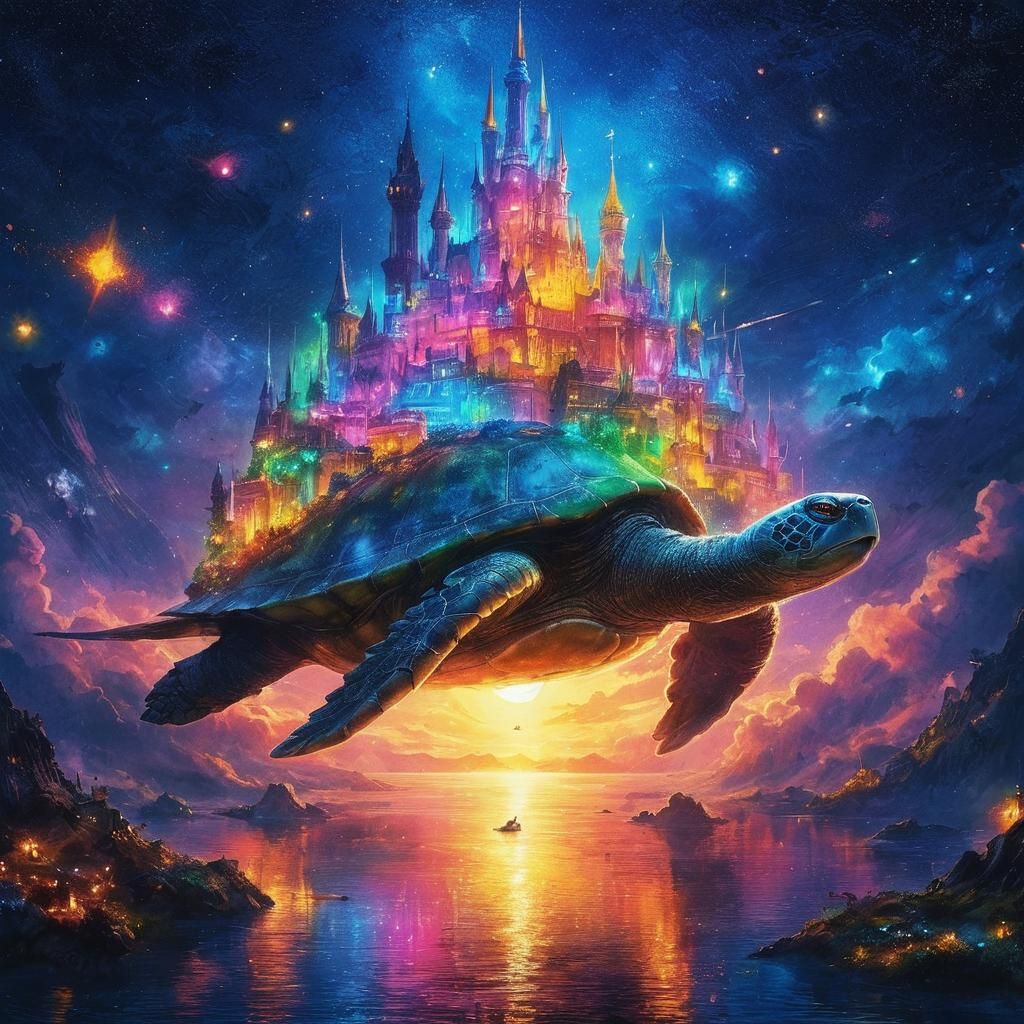 Turtle with colorful fantasy castle on its back - AI Generated Artwork ...