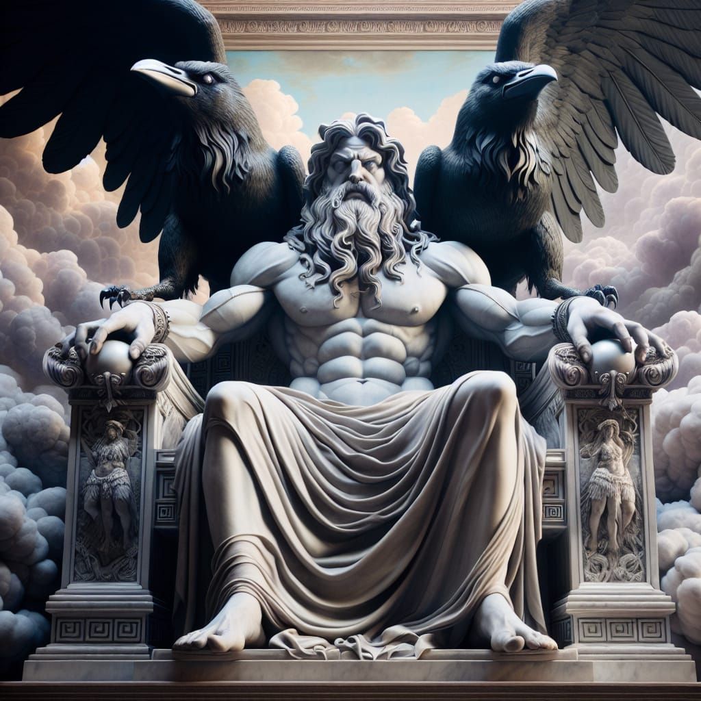 The greek god Zeus sitting on a throne with two large ravens. - AI ...