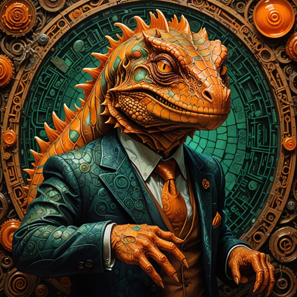 Surreal Lizard Wields Finger Guns in Hellish Maze,... - AI Art