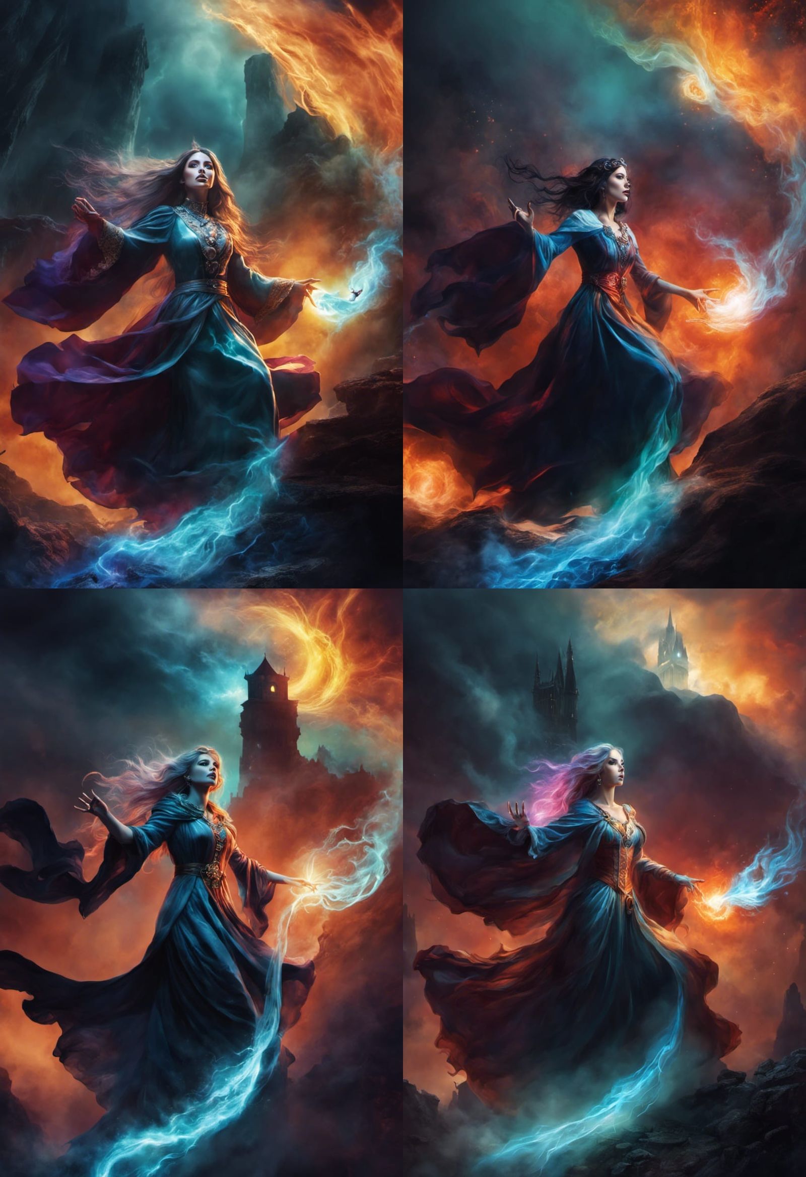 dramatic scene of a fantasy sorceress character posed triumphantly; A ...