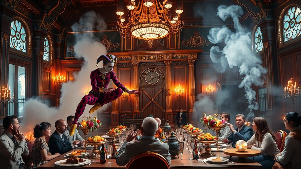 Steampunk Jester's Aerial Spectacle in Cyberpunk C... - AI Art