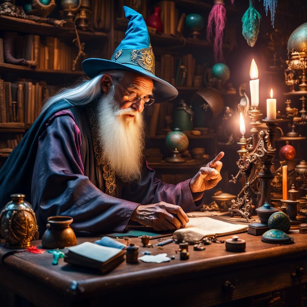 An old wizard with white hair and a point hat sits at a desk. The room ...