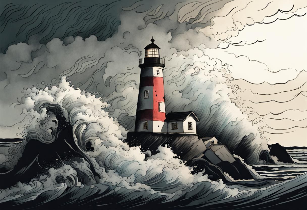 Ink drawing of a lighthouse with high crashing waves - AI Generated ...