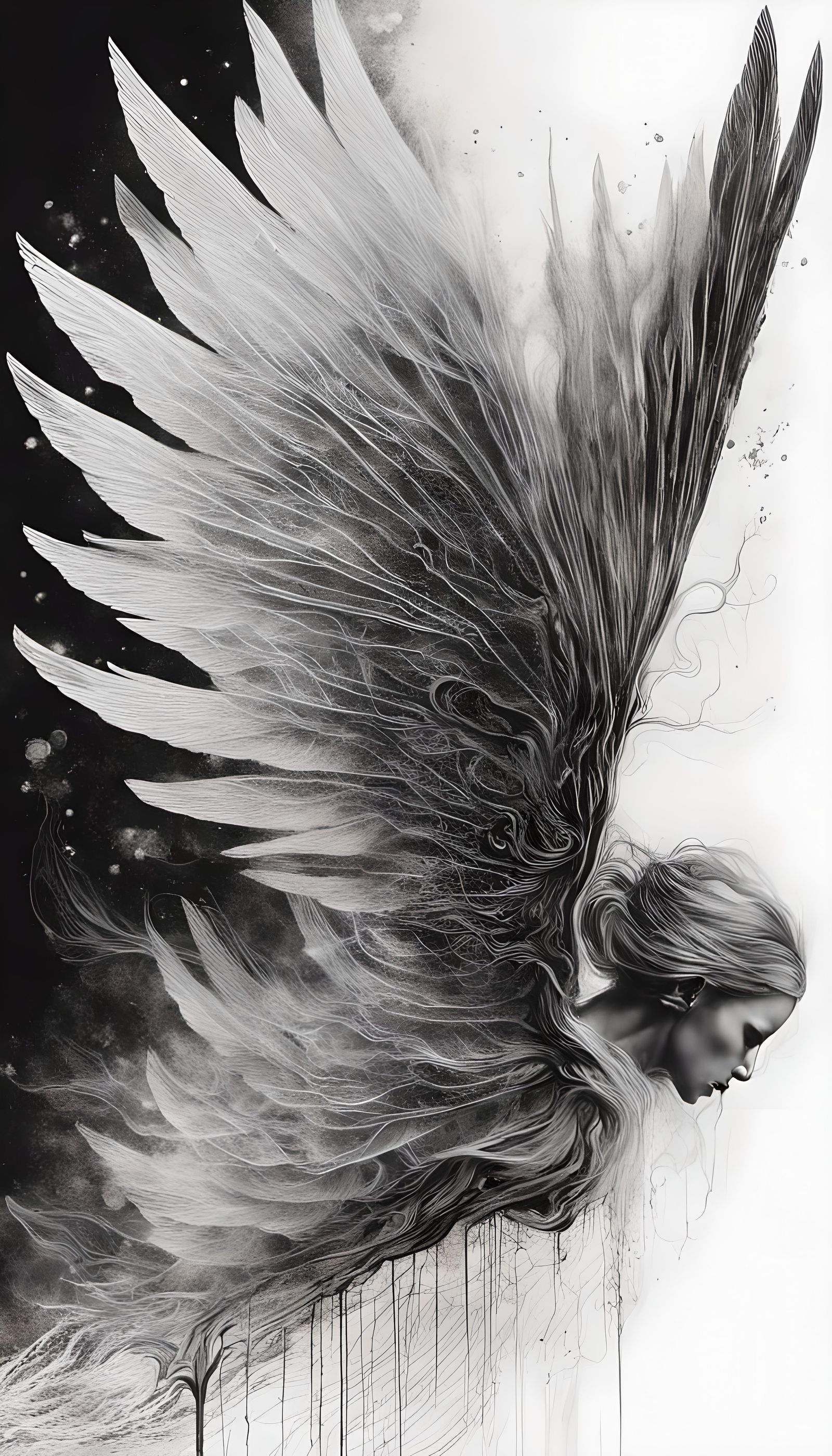 Fallen Angel (Ink Drawing) - AI Generated Artwork - NightCafe Creator