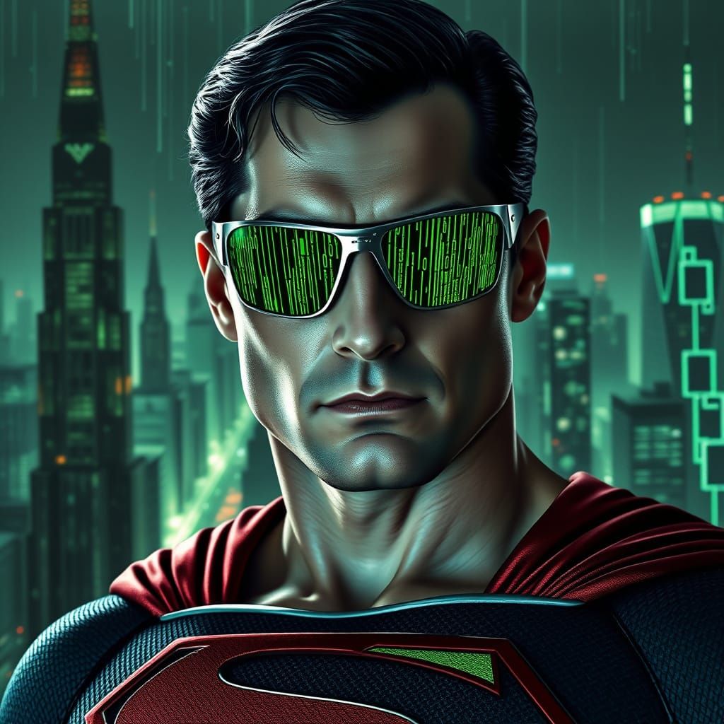 Supermatrix - Superman in Cyberpunk Cityscape with Digital R...