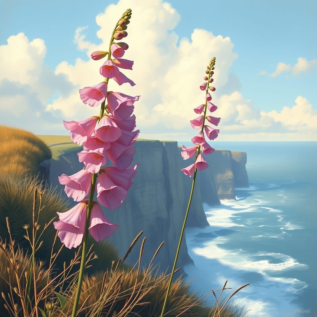 Whimsical Summer Foxglove Blooms on Cliffside - AI Art