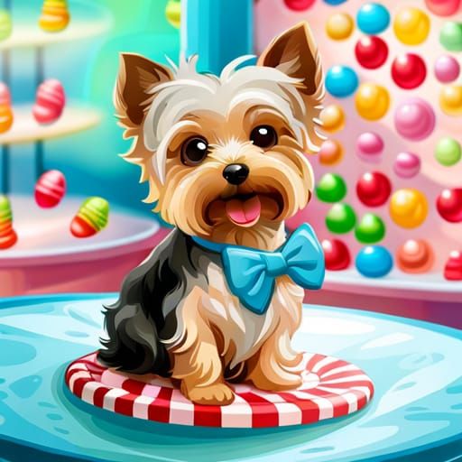 very cute yorkie puppy playing in the magic of a candy shop🍭🍫🍬 ...