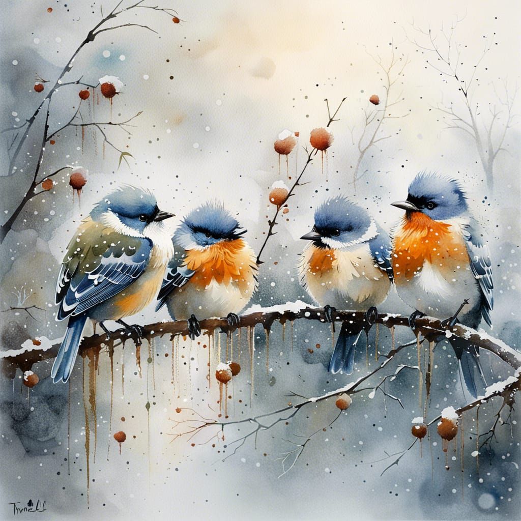 cute fluffy little Birds huddle together in winter while it's snowing ...