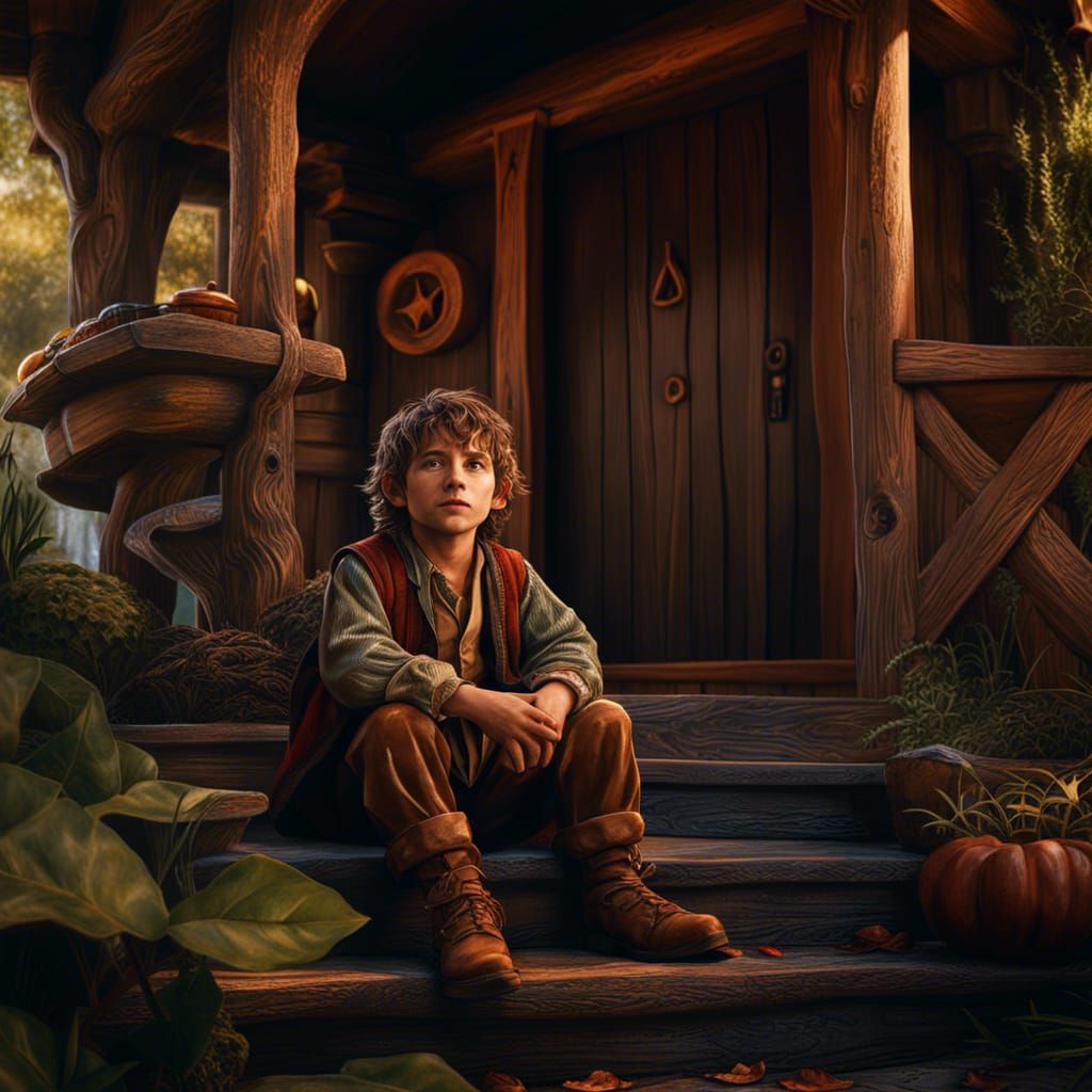 A young hobbit sitting on the porch of his house - AI Generated Artwork ...