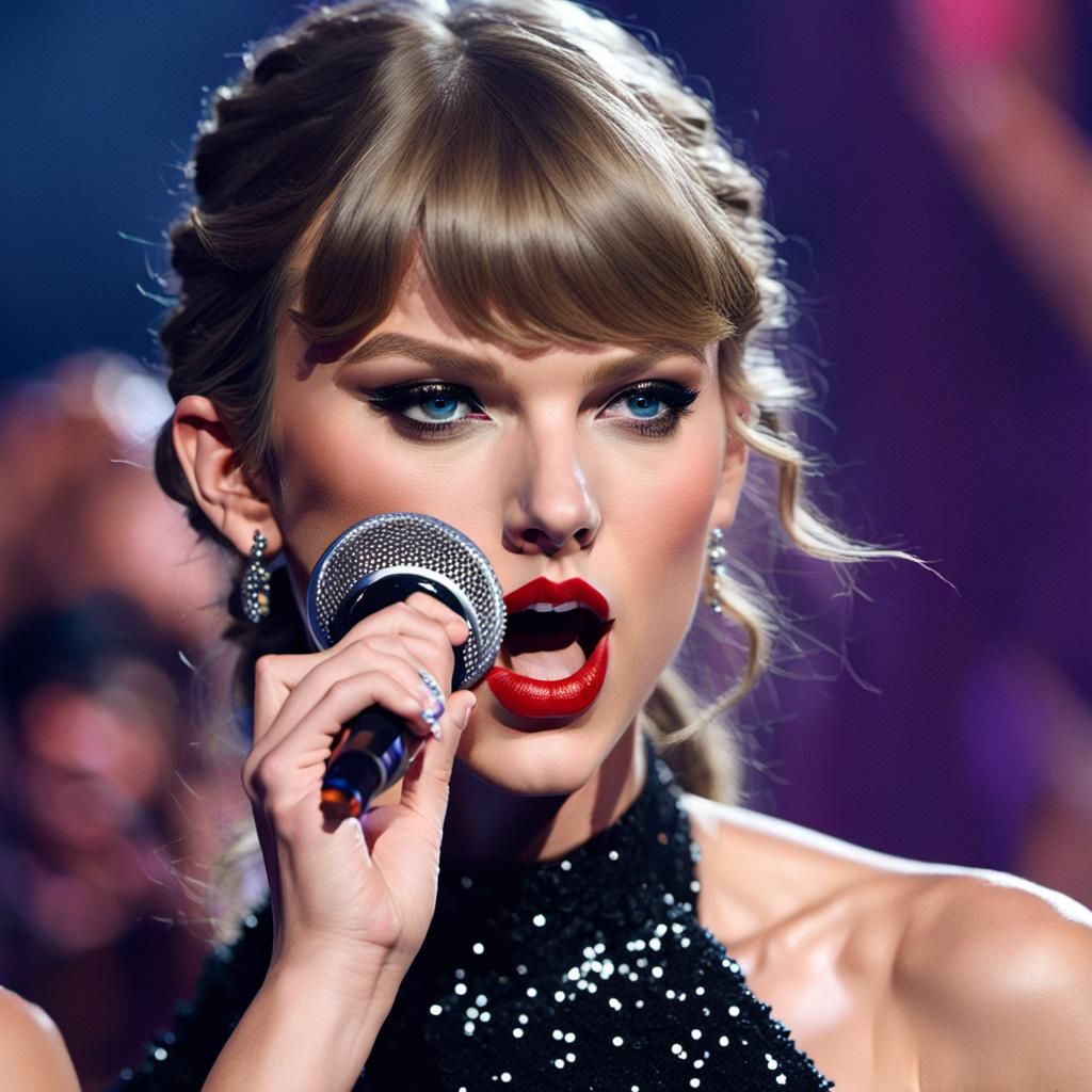 a close-up of Taylor Swift's face singing on tour in Brazil, - AI ...