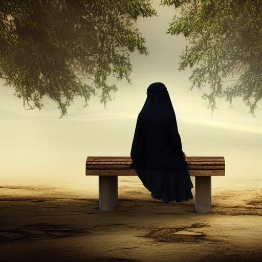 Five muslim veiled girl shadow sat on an wooden bench under a big tree ...