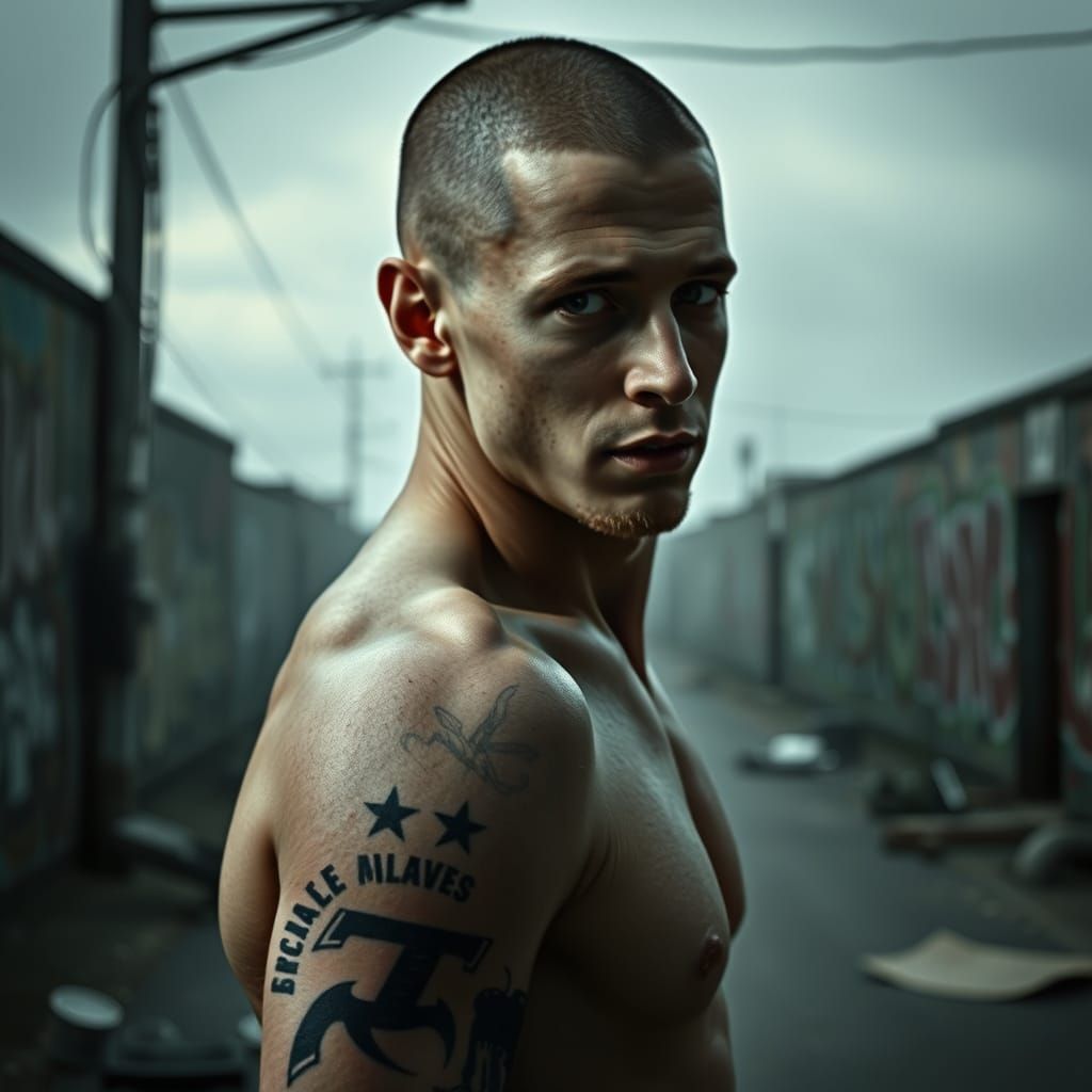 Gritty Portrait of a Young Man in a Graffiti-Scarr... - AI Art