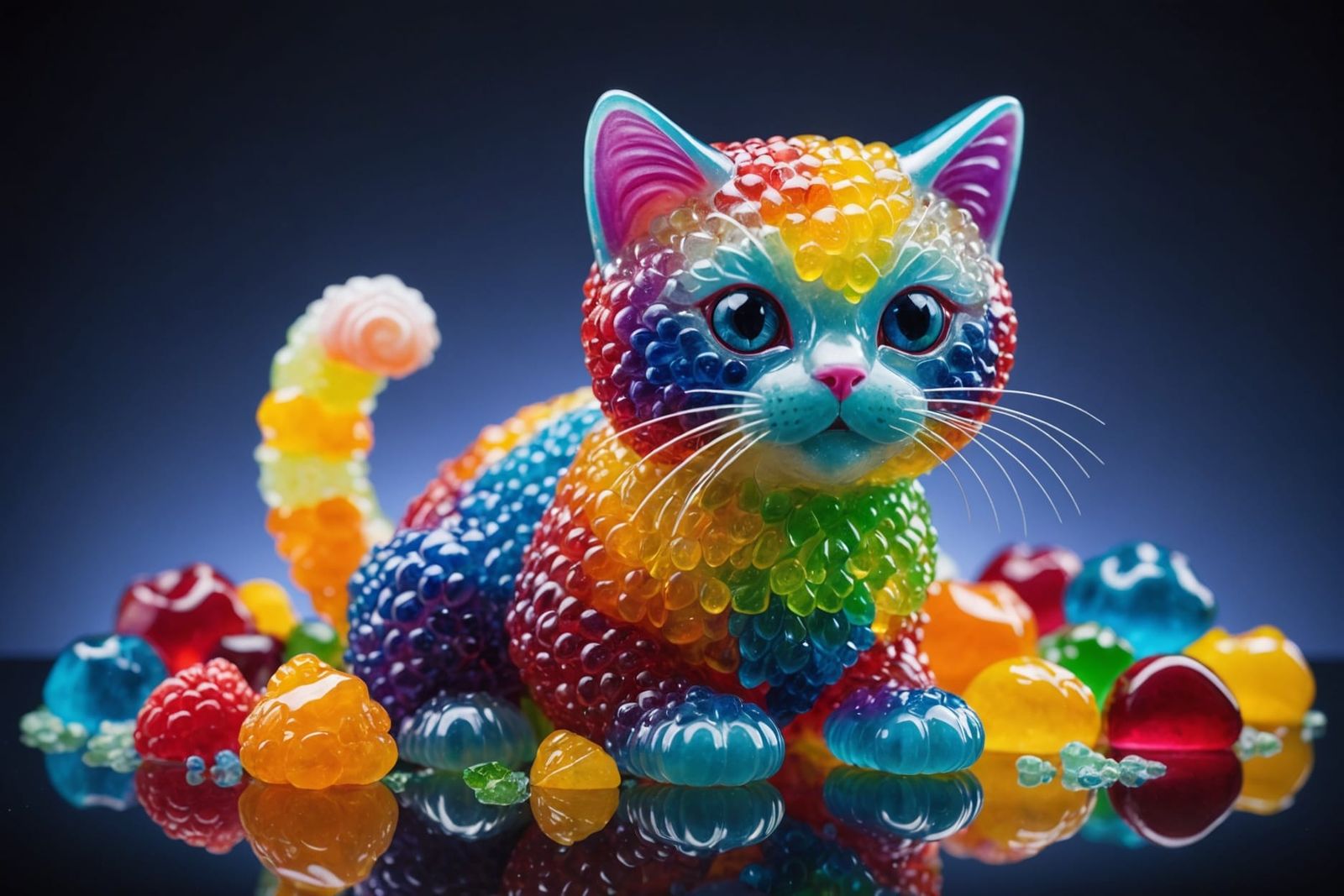 A semi translucent sugar cat entirely made out of different colorful ...
