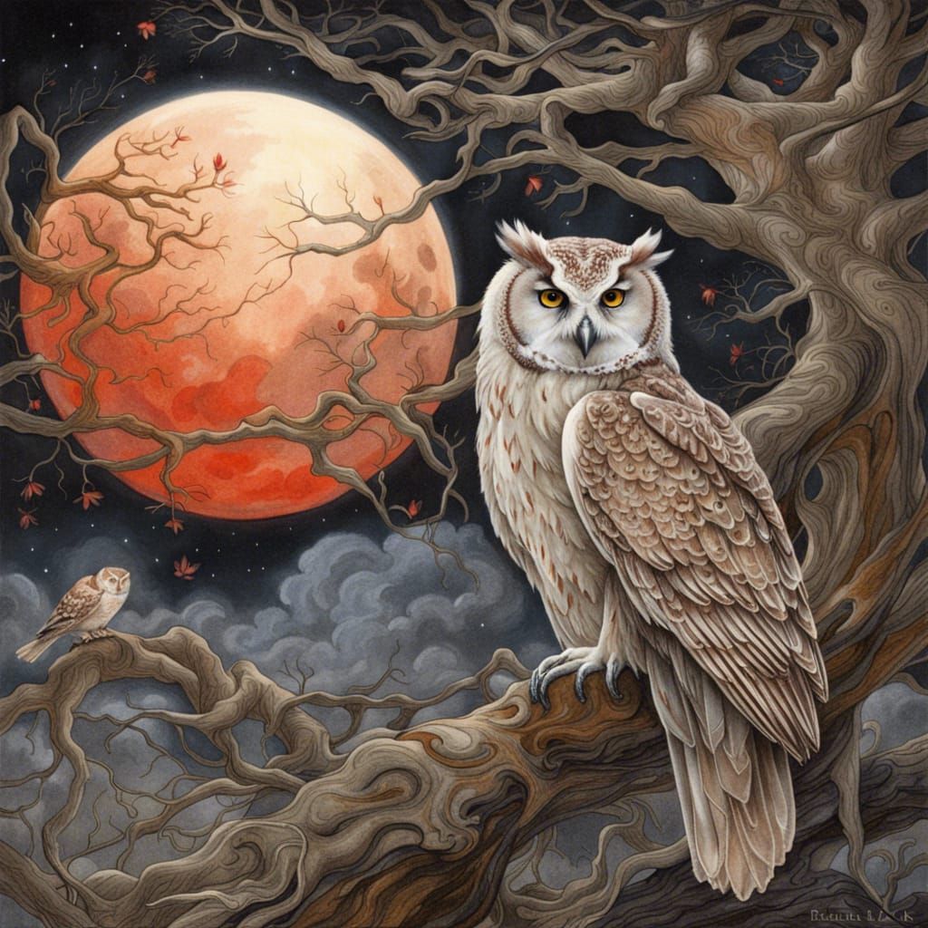 A beautiful owl under a blood moon by Alan Lee :: Anne Stokes ...