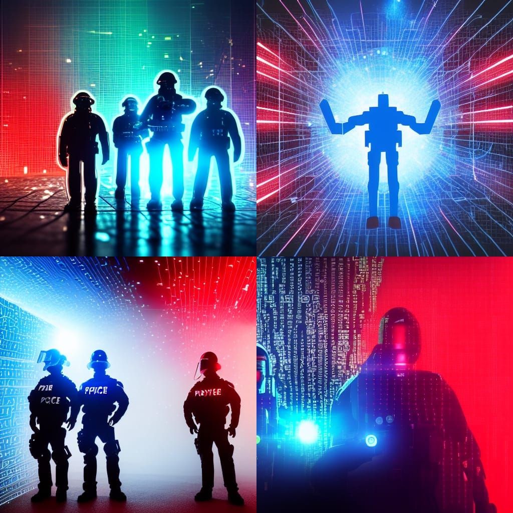 Cybernetic Police Officers containing a firey riot, red and blue ...