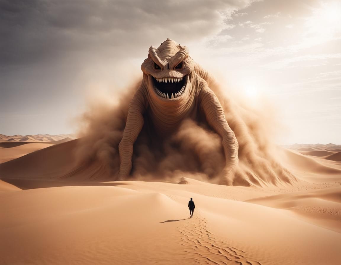 a cinematic photograph of a giant desert sand monster rising from the ...