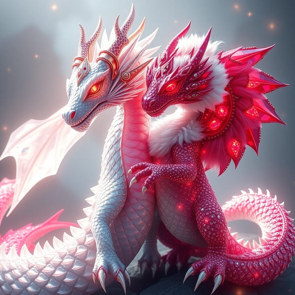 Ethereal Friends: Radiant Diamond and Ruby Dragons - AI Art