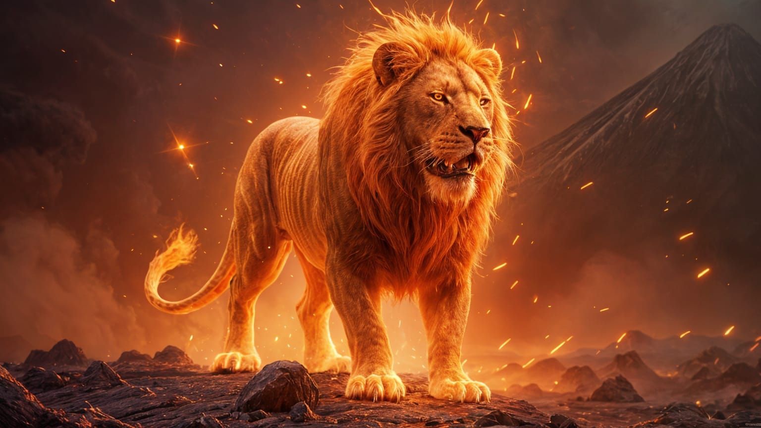 Fantastical Volcano Lion Fusion Roars in Lava Body - AI Art