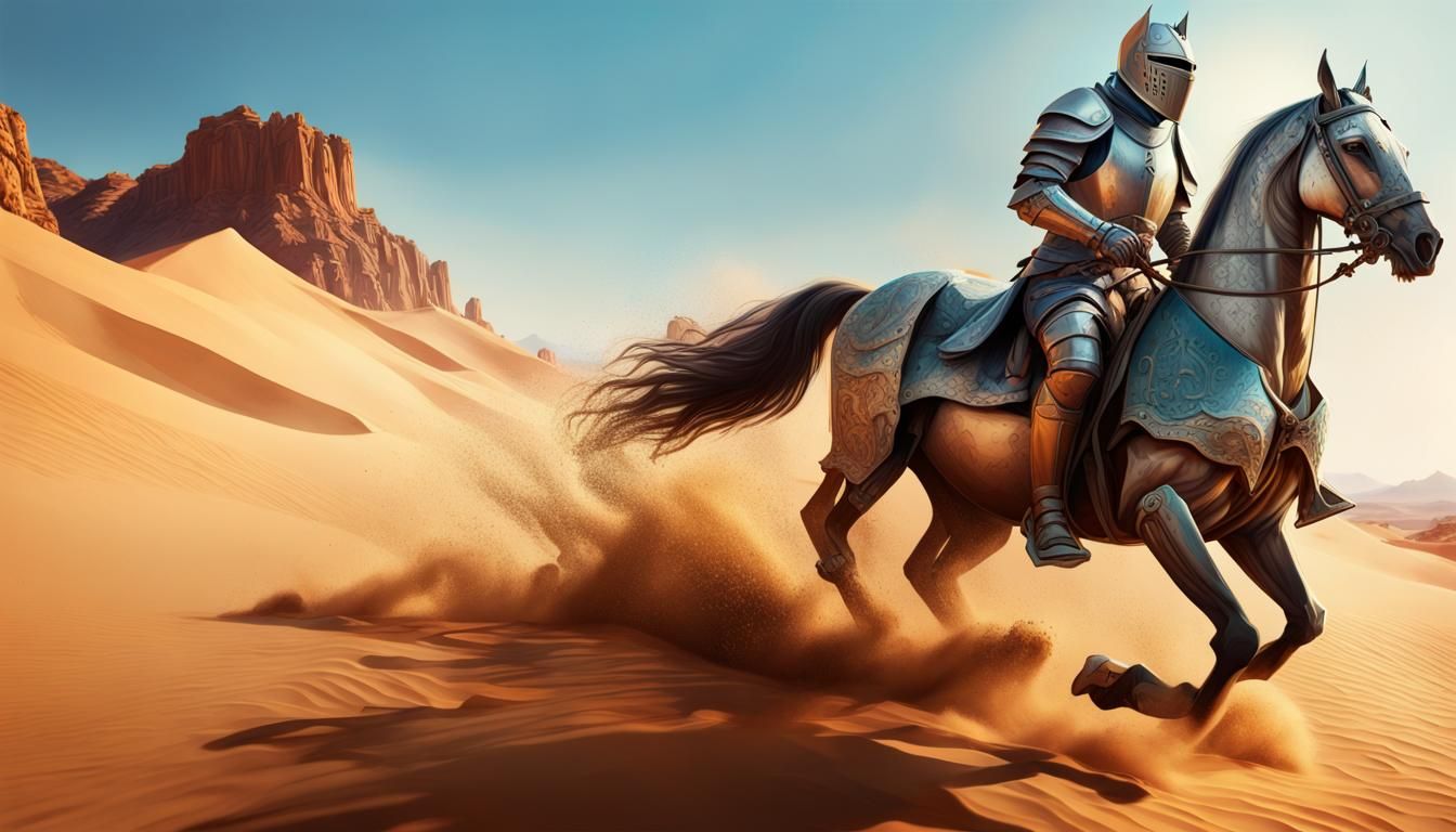 iron mask knight riding a catafracted horse in the desert - AI ...