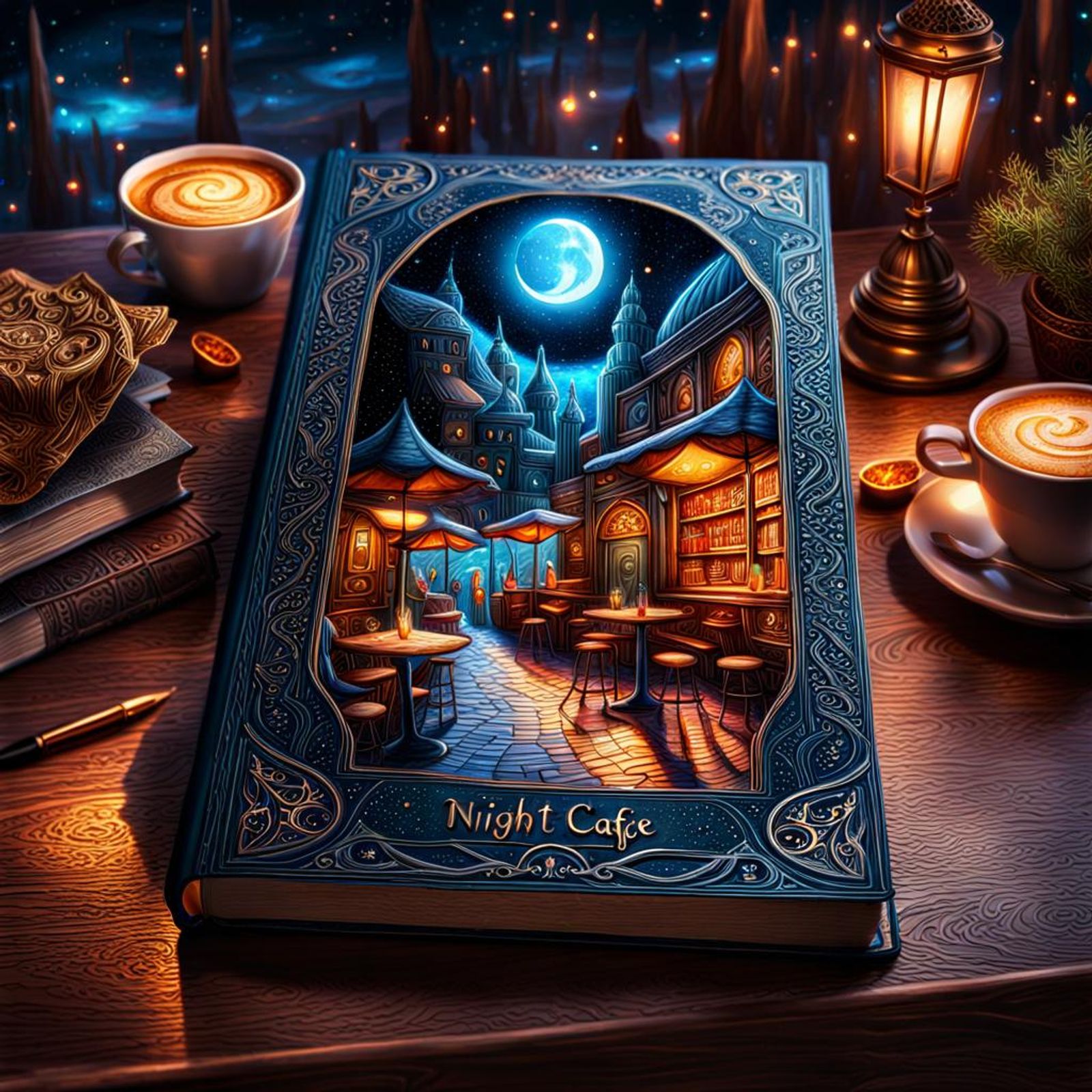 Fantasy Book cover of Night Cafe Land on mockup intricate details,Write ...