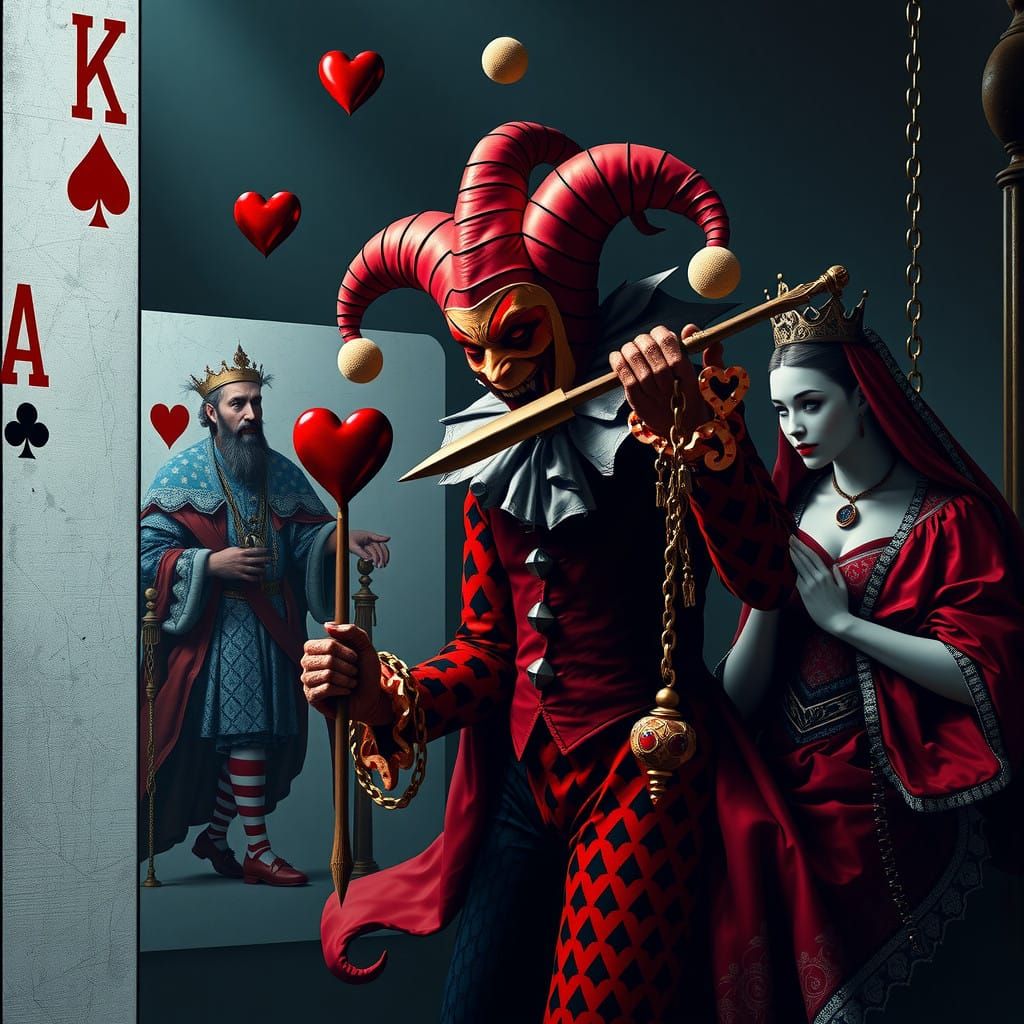 An evil jester - Dark Jester of Playing Cards in Red and Bl...