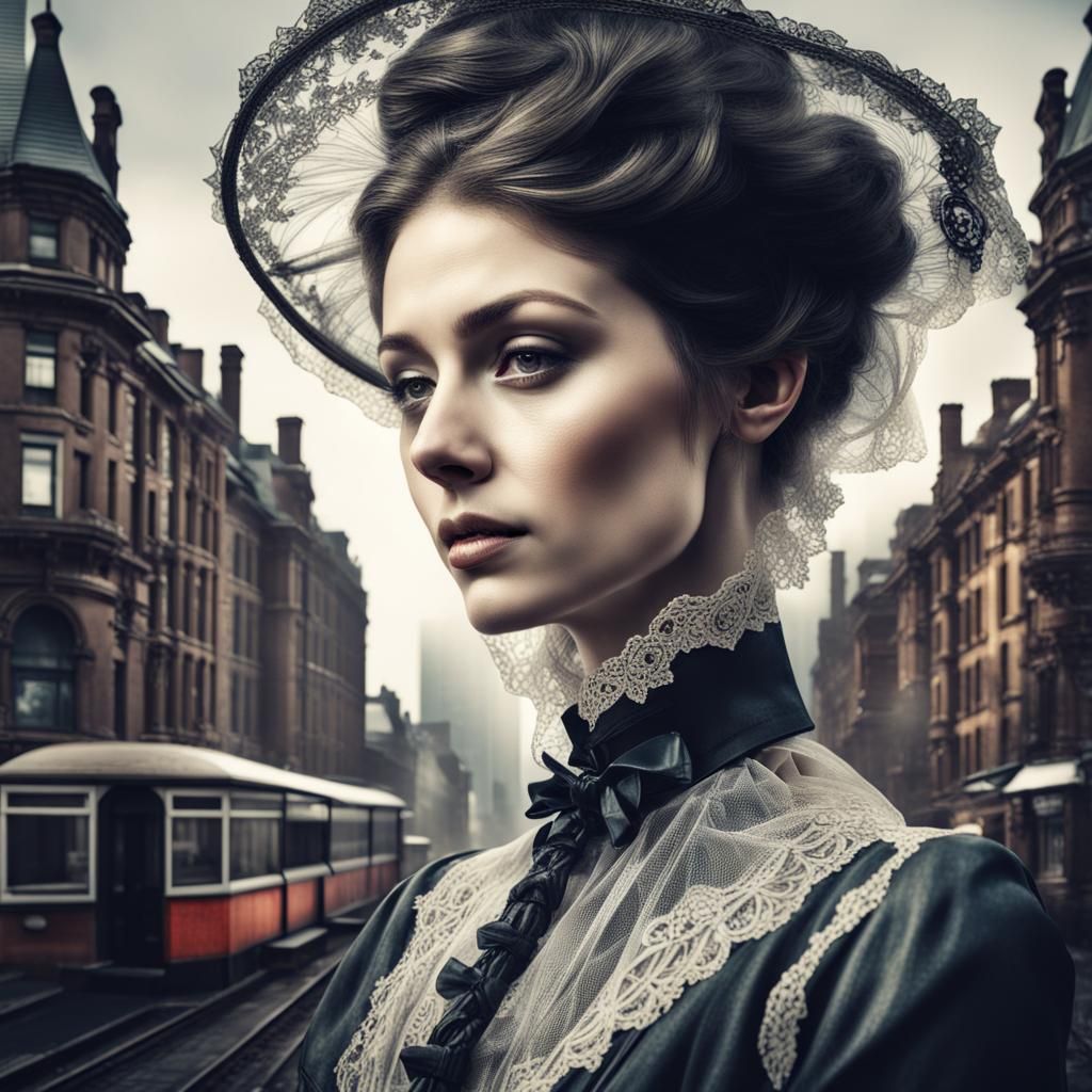 double exposure of a Victorian lady with a modern city : intricate ...