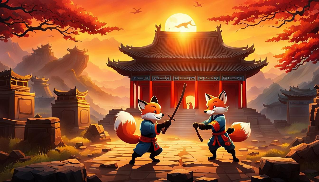 Kung-Fu lesson : Master Fox and young Apprentice Fox pup practicing ...